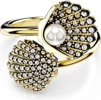 Swarovski Idyllia Ring, Weißer, Rhodinierter Damenring im Muschel-Design und mit Brillanten Swarovski Kristallen und einer Kristallperle