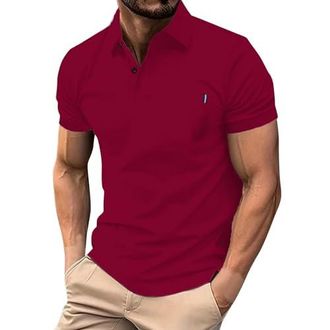Generic Polo pour homme europ&eacute;en, pur, color&eacute; et polyvalent avec col ample, boutonni&egrave;re, col ouvert, manches courtes de sport c&ocirc;tel&eacute;es, rouge, XXL