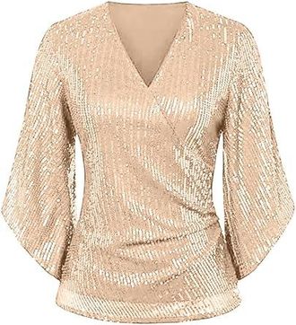 Generic Blouse &agrave; Paillettes Femme Col V Manche 3/4 T-Shirt Club Brillante Sexy Top Sequins Carnaval &eacute;L&eacute;Gante Tunique &eacute;L&eacute;Gant Casual Bal Danse Soir&eacute;E Brillant 