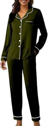 Generic Pyjama long en coton pour femme - Doux - Deux pi&egrave;ces - Manches longues - V&ecirc;tement de d&eacute;tente - Pantalon - Haut - Col en V - V&ecirc;tement de nuit pour le s