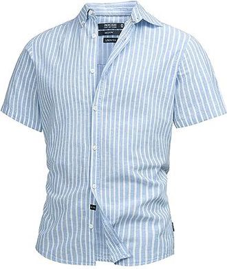 Indicode Hommes INBravida Shirt | Chemise en Lin à Manches Courtes avec col Button-Down Moonlight XXL