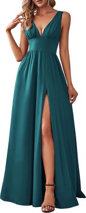 Ever-pretty Damen Einstellbar Spaghetti-Träger Spitze Asymmetrisch Übergröße Bodenlangen Hochzeitskleider für Braut Blaugrün 48EU