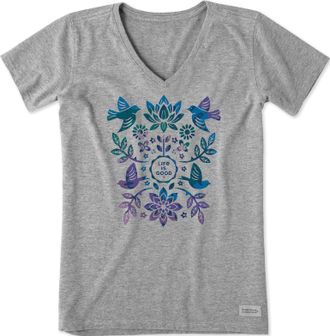 Life is good Life is Good Damen Folk Art Garden Tie Dye Short Sleeve Crusher Vee T-Shirt, Meliert, grau, Large