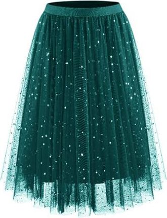 Generic Jupe en tulle pour femme - Jupe midi - Jupe trap&egrave;ze - Jupe en maille - Taille haute &eacute;lastique - Jupe dHalloween - T-shirt pour, vert noir, XL