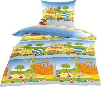 BIERBAUM Kinder Bettwäsche Baustelle Baufahrzeuge 2325 Renforce 80 x 80 135 x 200 cm