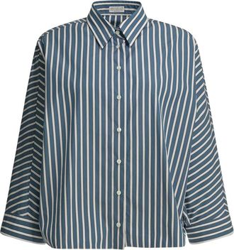 Brunello Cucinelli Femme, Blouses et Chemises, Bleu, Taille: 36 FR Chemise Ray&eacute;e en Popeline de Coton