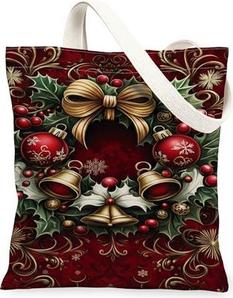 Generic Sacs fourre-tout en toile de houx de No&euml;l, motif floral festif, sacs d&eacute;picerie r&eacute;utilisables, sacs d&eacute;picerie vintage, chic, l&eacute;gers, lavables, Rouge, 1