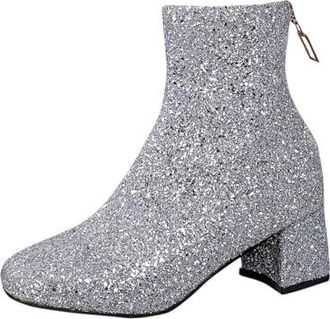 Generic Bottines imperméables et confortables à talon épais pour femme - Avec strass - Élégantes - À enfiler - À paillettes - Bottes western - Bottes western 