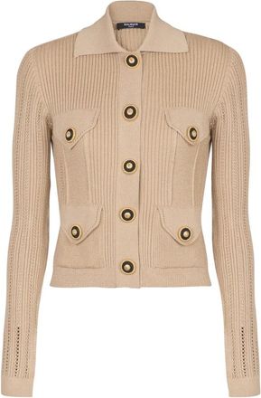 Balmain Gek&uuml;rzter Rippstrick-Cardigan - - Knitwear - Damen - Beige - 2XL