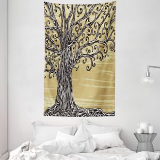 Abakuhaus Baum des Lebens Wandteppich und Tagesdecke, Natur Eco Sketchy aus Weiches Mikrofaser Stoff Waschbar ohne Verblassen Digitaldruck, 140 x 230 cm, Senfbr