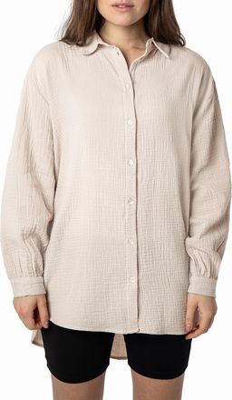 Sublevel Langarm Musselin Bluse mit Kentkragen - Damen Muselin Oversize Bluse, Baumwolle, Knopfleiste in verschienden Farben light-beige L/XL