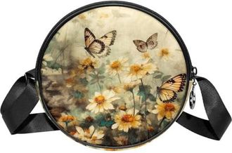 Generic Sac &agrave; bandouli&egrave;re rond pour femme, motif papillon, fleurs, petit sac &agrave; bandouli&egrave;re avec fermeture &eacute;clair, bretelles r&eacute;glables, sac &agrave; main rond d&eacute;contr