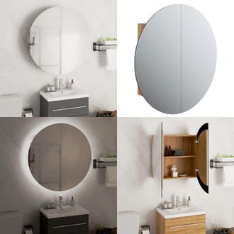 vidaXL Badezimmerschrank mit Rundem Spiegel & LED Eichen-Optik - Badezimmermöbel - Holzbadschrank - Runder Spiegel - LED-Beleuchtung - Kosmetiktisch - Home