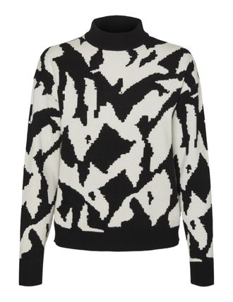 Vero Moda Damen VMGOLD New Art LS Highneck Pullover Strickpullover, Black/Detail:Art W. Birch, M
