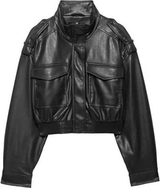 Generic Blouson aviateur vintage en simili cuir for femme, veste courte &agrave; fermeture &eacute;clair avec manches longues et poches lat&eacute;rales(Black,xs)