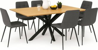IDMarket Esstisch-Set, rechteckig, Alix, 160 cm, Holz und Schwarz und 6 Stühle Mila aus Velours, Dunkelgrau