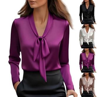 Generic HUIFUAO Chemisier en satin pour femme avec col en V et manches longues en soie &eacute;l&eacute;gante pour le bureau, le travail, les affaires, les sorties quotidie