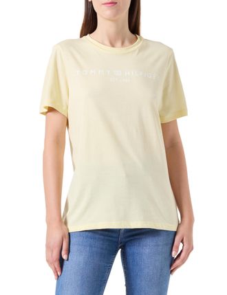 Tommy Hilfiger REG Corp Logo C-NK SS Kurzarm Strickoberteile Damen, Gelb (Lemon Zest), XS