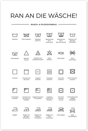 Posterlounge Wasch- & Pflegesymbole Poster von Typobox 20 x 30 cm Schwarz-Weiß Wandbilder Wanddeko