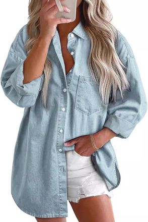 EUDOLAH Damen &Uuml;bergro&szlig;es Jeanshemd mit Polo-Kragen als l&auml;ssige Bluse oder leichte Jacke (Hellblau,3XL)