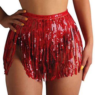 Generic Jupes scintillantes pour femme - Mini jupe noire &agrave; paillettes brillantes pour bikini, style d&eacute;contract&eacute;, taille r&eacute;glable, jupe de danse, carnaval, &eacute;ch