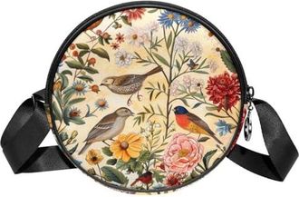 Generic Sac &agrave; bandouli&egrave;re rond pour femme, petit sac &agrave; bandouli&egrave;re motif oiseaux avec fermeture &eacute;clair, bretelles r&eacute;glables, sac &agrave; main rond d&eacute;contract&eacute; pour 
