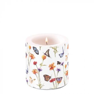 Ambiente Kerze Stumpenkerze Wachswindlicht 9 cm hoch Brenndauer ca 35h Blumen Frühling Sommer Garten Schmetterlinge Dekorationskerze Serie butterfly garden