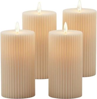 Relaxdays LED Kerzen 4er Set, HxD: 17,5x8 cm, flackernde Flamme, Rillen, Kunststoff, flammenlose Blockkerzen, Champagner