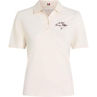 Tommy Hilfiger Damen Poloshirt Kurzarm Script Graphic Slim Fit, Elfenbein (Ivory Petal), M