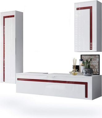 Vladon Badm&ouml;bel Komplettset Aloha, Made in Germany, Korpus in Wei&szlig; matt/Fronten in Wei&szlig; Hochglanz mit Absetzungen in Bordeaux Hochglanz