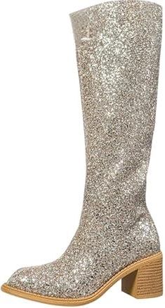 Generic Bottes Hautes Femme &agrave; Paillettes Brillantes Talon Carr&eacute; Bout Pointu Bottes De Cowboy &Agrave; Enfiler Semelle Antid&eacute;rapante Tendance Chaussures Femme D&eacute;contr