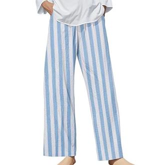 Generic Pantalon d&eacute;t&eacute; d&eacute;contract&eacute; en coton pour femme - Pantalon en lin ray&eacute; avec cordon de serrage - Jambe droite - Pantalon de plage &eacute;lastique - Pantalon sa