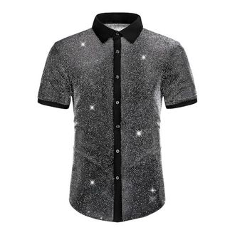 Generic Chemise &agrave; paillettes &agrave; manches courtes et col &agrave; revers pour homme, chemise boutonn&eacute;e scintillante, grande taille, tenue de soir&eacute;e disco des ann&eacute;es 70,