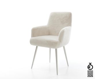 DELIFE Esszimmerstuhl Heira-Flex mit Armlehnen Pl&uuml;sch Creme-Wei&szlig; 4-Fu&szlig; konisch Edelstahl Taschenfederkern, Esszimmerst&uuml;hle