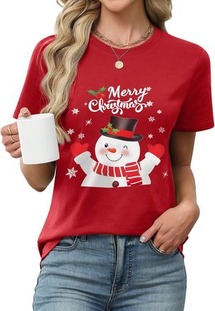 Heekpek PASUDA Weihnachts T-Shirt Damen Merry Christmas Bedruckte T-Shirts Lustiges Weihnachten Tshirt Rundhals Baumwolle Lässige Kurzarm Holiday Oberteile (R