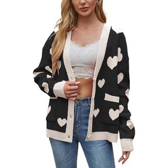 Generic Cardigan &agrave; manches longues ouvert sur le devant pour femme - Tricot en forme de coeur - Col en V boutonn&eacute; - Pull surdimensionn&eacute; l&eacute;ger et d&eacute;contract&eacute; p