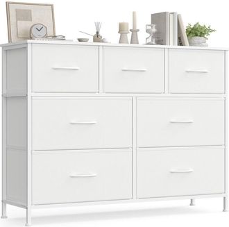 Songmics Commode 7 Tiroirs, Meuble de Rangement pour Chambre, Acier, Panneau MDF, Tissu non-tiss&eacute;, pour Couloir, Entr&eacute;e, Salon, Blanc Nuage et Blanc Neige