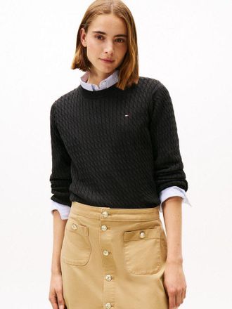 Tommy Hilfiger Rundhalspullover CO CABLE C-NK LS SWEATER Baumwolle, mit Zopfmuster, Regular Fit