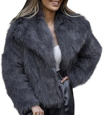 Generic Manteau en fausse fourrure pour femme veste en fausse fourrure moelleuse &agrave; manches longues revers vestes dhiver en fourrure shaggy parka manteau court