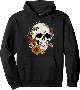 Trendy Apparel Skull Surrounded with Flowers and Moths Pullover Hoodie