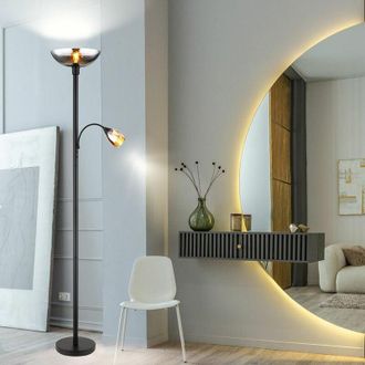 Globo Lighting Stehleuchte Deckenfluter Standlampe Leseleuchte Schlafzimmerleuchte Wohnzimmerlampe, Metall schwarz Glas rauchfarben, getrennt schaltbar Lesespot