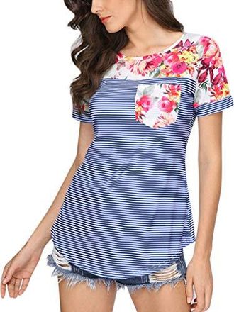 Generic T-shirt court à manches longues et rayures pour femme avec motif floral pour allaitement, chemisier de maternité, grand t-shirt, bleu, S