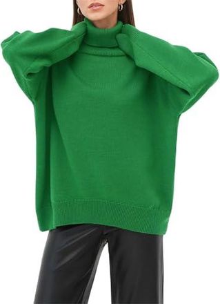 Generic Pull oversize &agrave; col roul&eacute; d&eacute;contract&eacute; et manches longues pour femme - Pull ample en tricot pour lautomne et lhiver, Vert, L