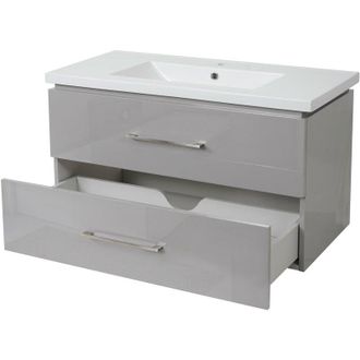 Hhg [NEUWERTIG] Premium Waschbecken + Unterschrank HHG-244, Waschbecken Waschtisch, hochglanz 90cm grau