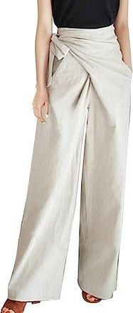 Generic Pantalon long taille haute pour femme avec noeud papillon - Coupe ample et droite - Jambe large - Léger et confortable - Formel - Décontracté - Pour l