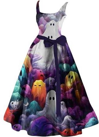 Generic Costume dHalloween pour femme, robe &eacute;vas&eacute;e &agrave; imprim&eacute;, robe tunique sans manches, robe de cocktail, robes dinvit&eacute;es de mariage, violet, XXL