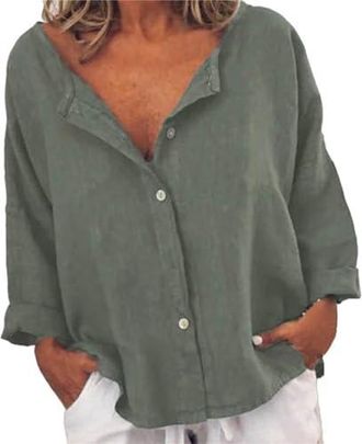 Generic Chemise ample à manches longues en lin pour femme - Style hippie - Pour lété, la plage, le yoga - Grande taille - Col en V - Boutonnée - Pour le burea
