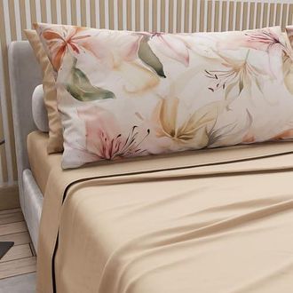 Petti Artigiani Italiani Bettwäsche für Doppelbett, Baumwolle mit Kissenbezügen mit Digitaldruck, komplettes Bettlaken für Doppelbett, Maxi-Blumenmuster 3, Beige, 100% Made in
