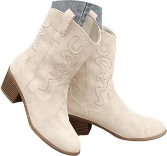 Generic Bottes de cowboy pour femme, coupe large, bottes de cowboy en daim brod&eacute;, bottes de cowgirl confortables &agrave; talon &eacute;pais brod&eacute;, bottes occidentales r&eacute;tr