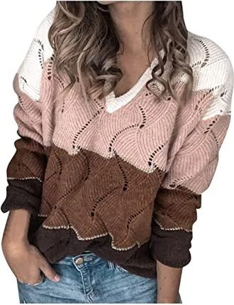 Generic Pull Chaud Femme Manche Longue- Pull Hiver Rayures Couleur Assortie Col Rond Coupe Ample D&eacute;contract&eacute; Sweater Chic Et &Eacute;l&eacute;gants Confortable Doux Temp&eacute;ra